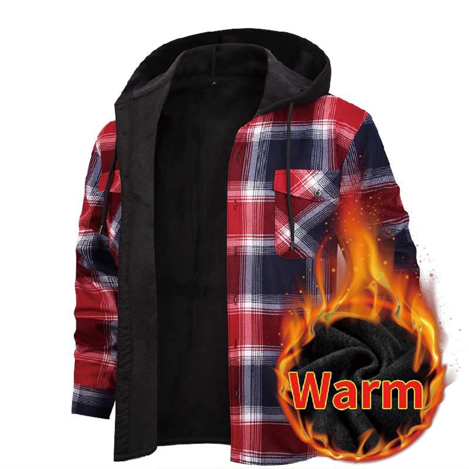 FDGIU Men's 2025 Flannel Lined Plaid Jacket - Button Down Hooded ...