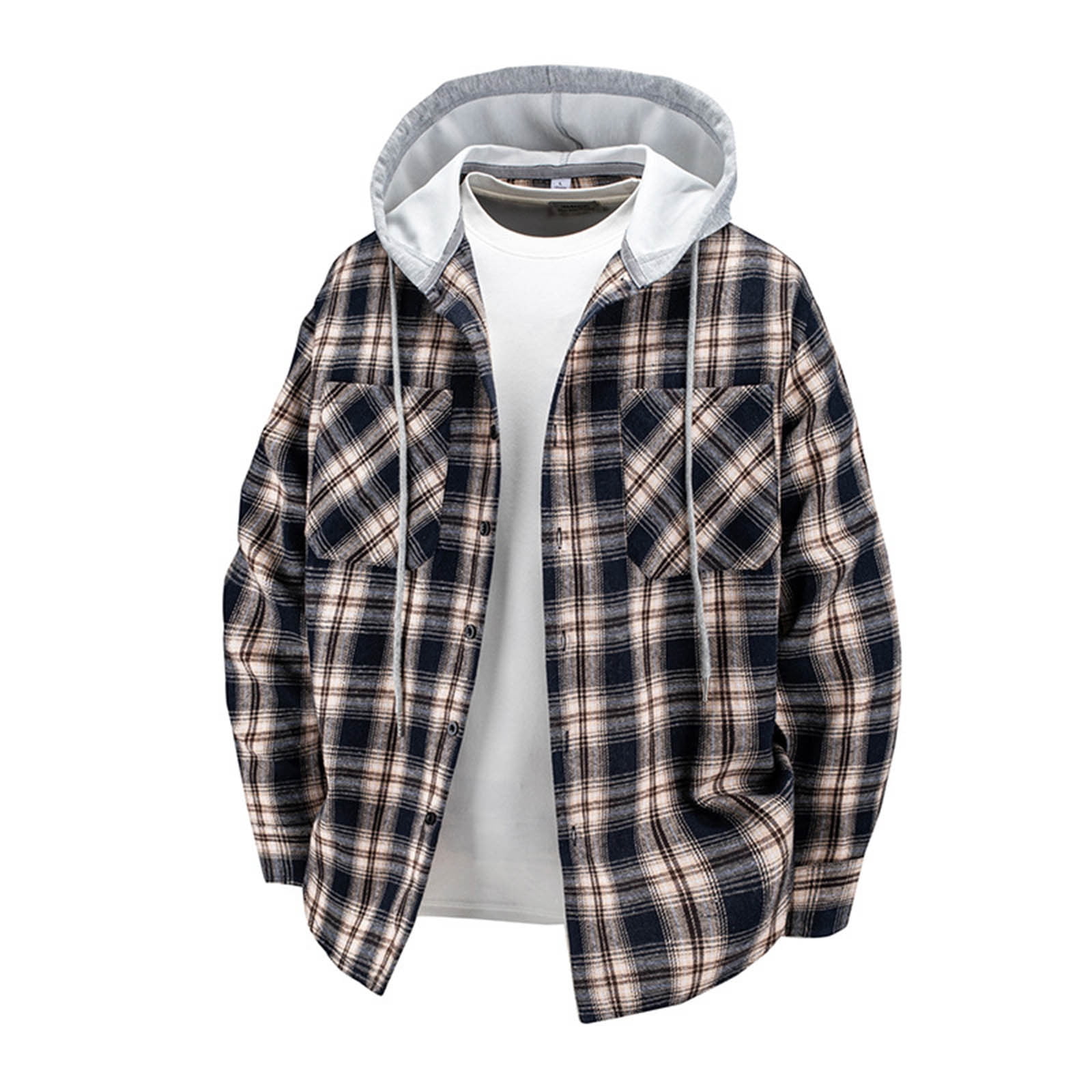 FDGIU Men's 2025 Flannel Lined Plaid Jacket - Button Down Hooded ...