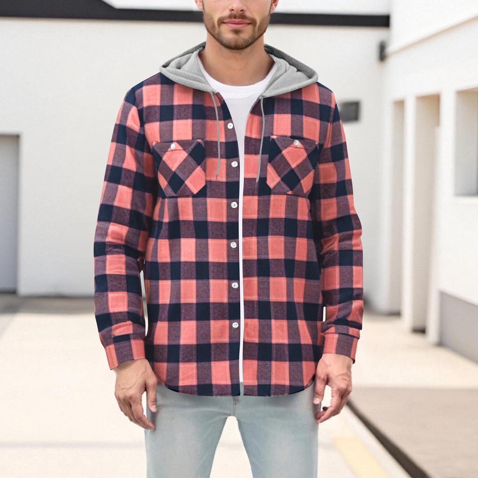 FDGIU Men's Fall Flannel Hoodie - Button Down Plaid Shirt Jacket ...