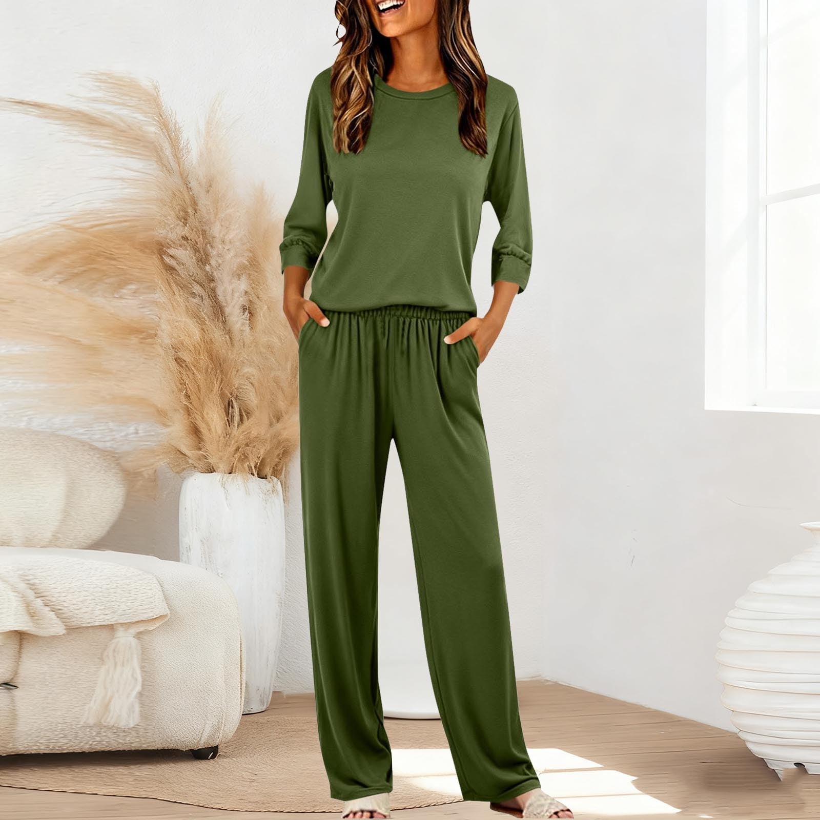 ‌FDGIU ‌‌‌‌‌Women 2-Piece Loungewear Set - Long Sleeve Top & Wide Leg ...