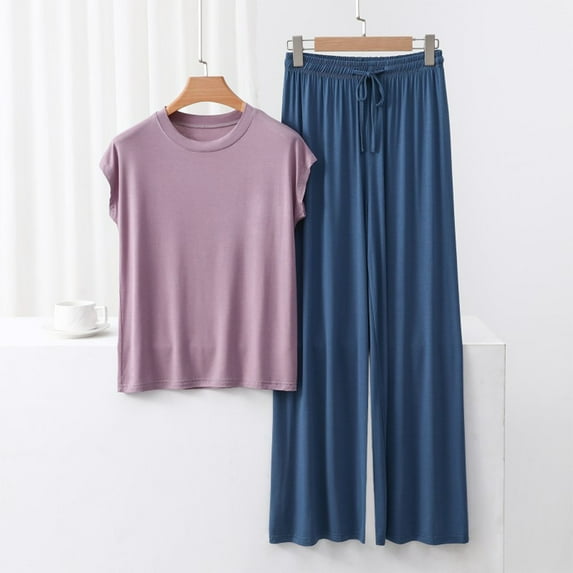 FDGIU ‌‌‌‌Women Short Sleeve Loungewear Set - V Neck Top & Long Pants ...