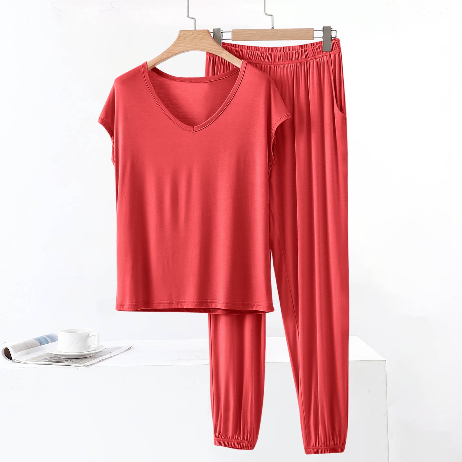 FDGIU ‌‌‌‌Women Short Sleeve Loungewear Set - V Neck Top & Long Pants ...
