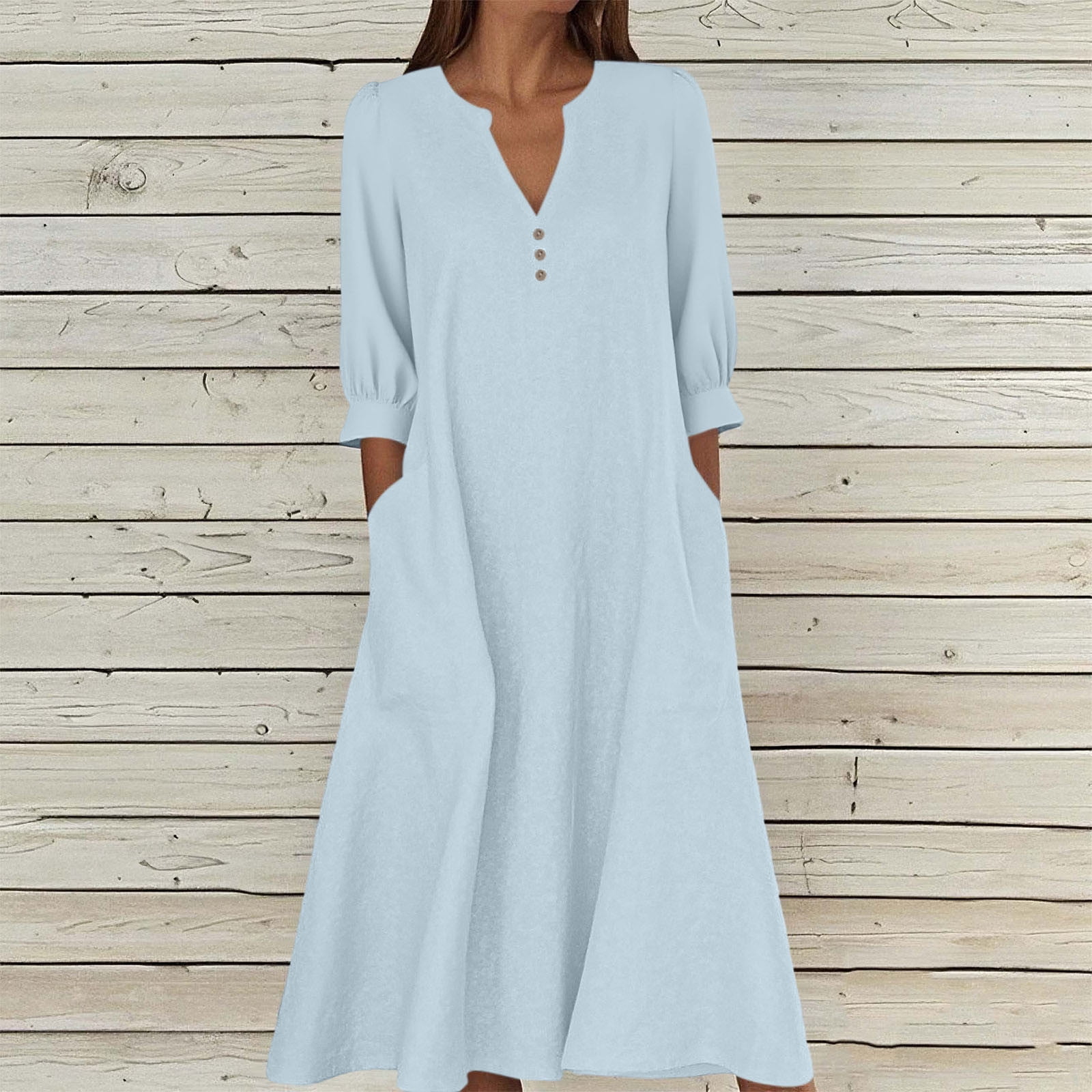 FDGIU Women's 2026 Summer 3/4 Puff Sleeve Notch V‑Neck Midi Dress ...