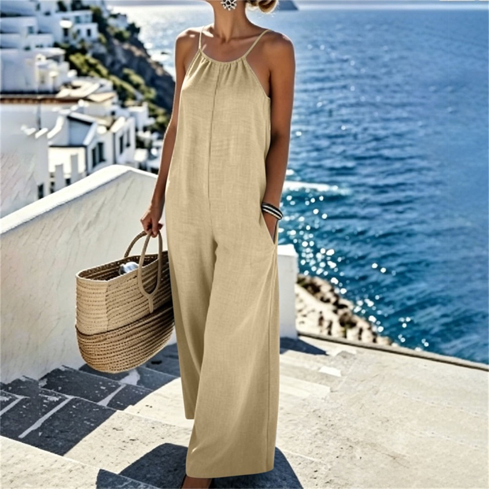 FDGIU Women's 2026 Summer Spaghetti Strap Halter Neck Jumpsuit, Pocket ...