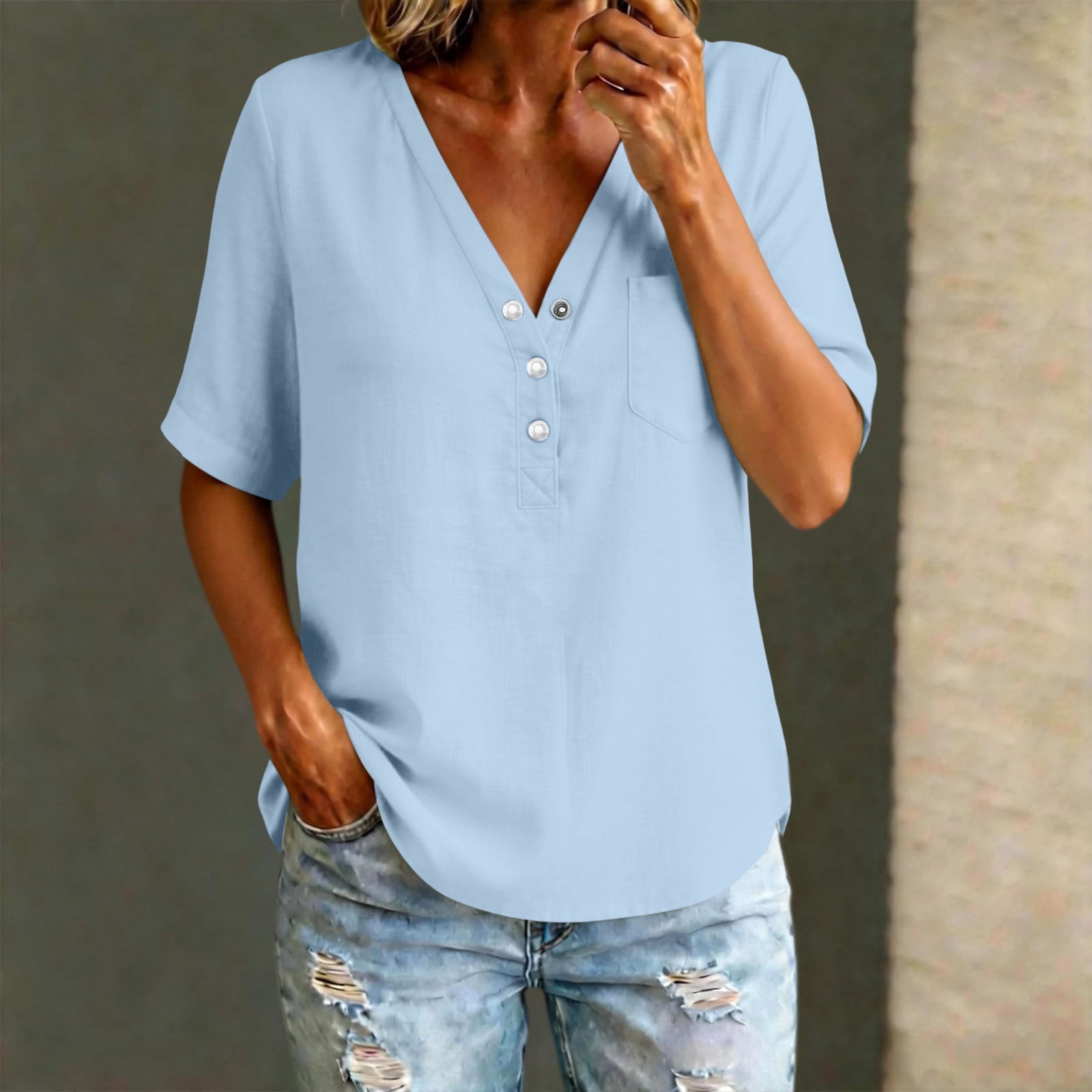 FDGIU Women's 2026 Summer V-Neck Short Sleeve T-Shirt, Button Casual ...