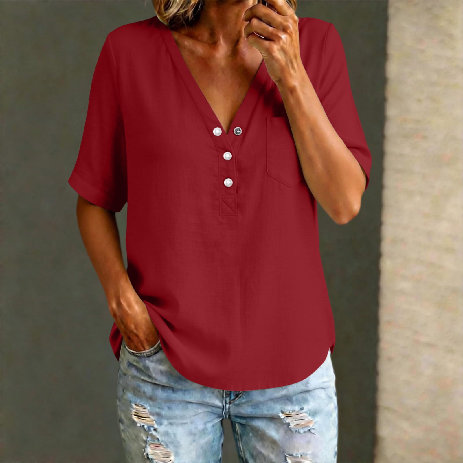FDGIU Women's 2026 Summer V-Neck Short Sleeve T-Shirt, Button Casual ...