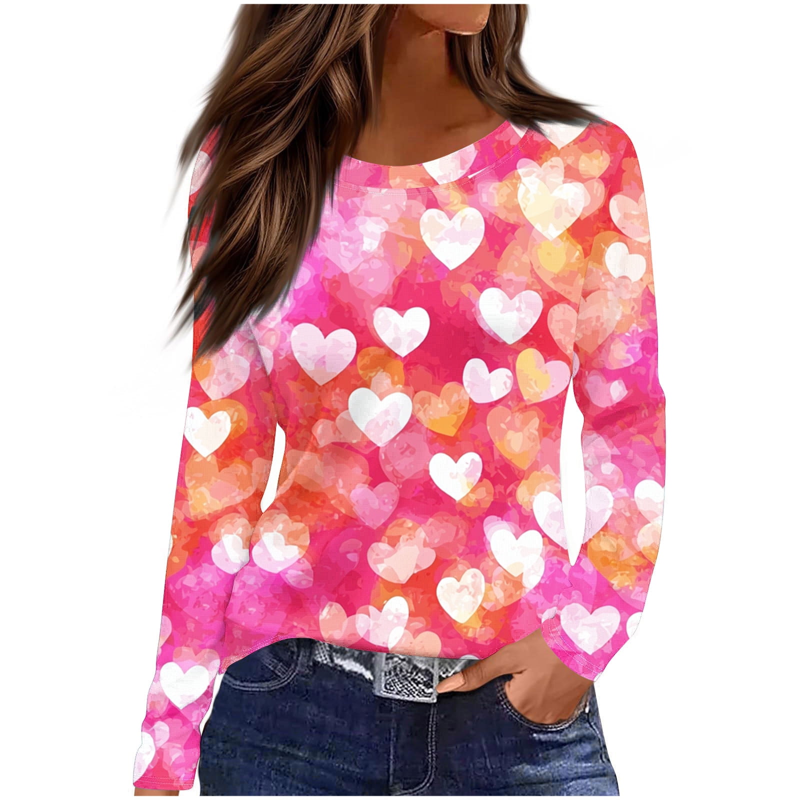 FDGIU Women’s Long Sleeve Valentine Tops - Loose Fit Cute Love Heart ...
