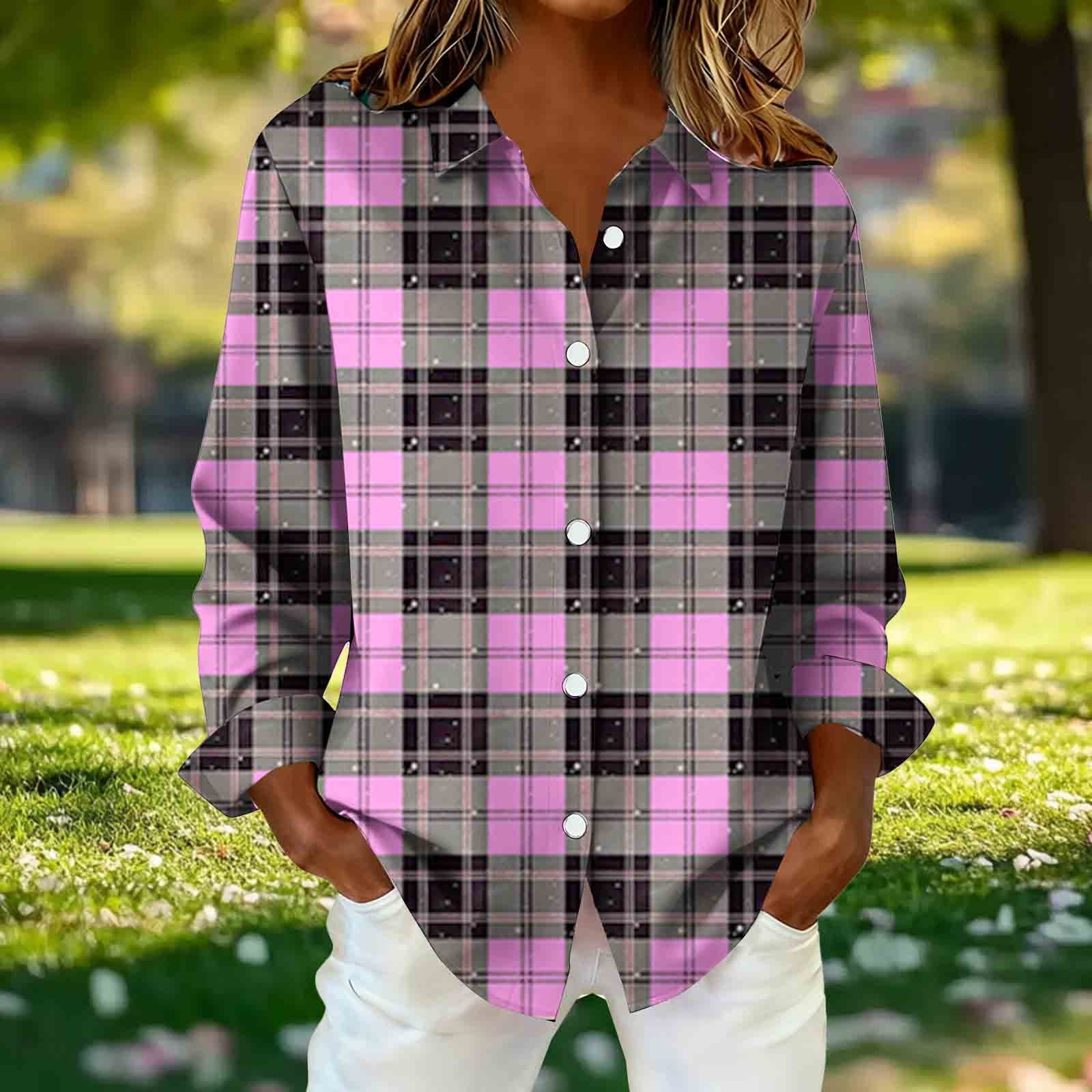 FDGIU Women's Loose Fit Plaid Shirt - Long Sleeve Button-Down Casual ...