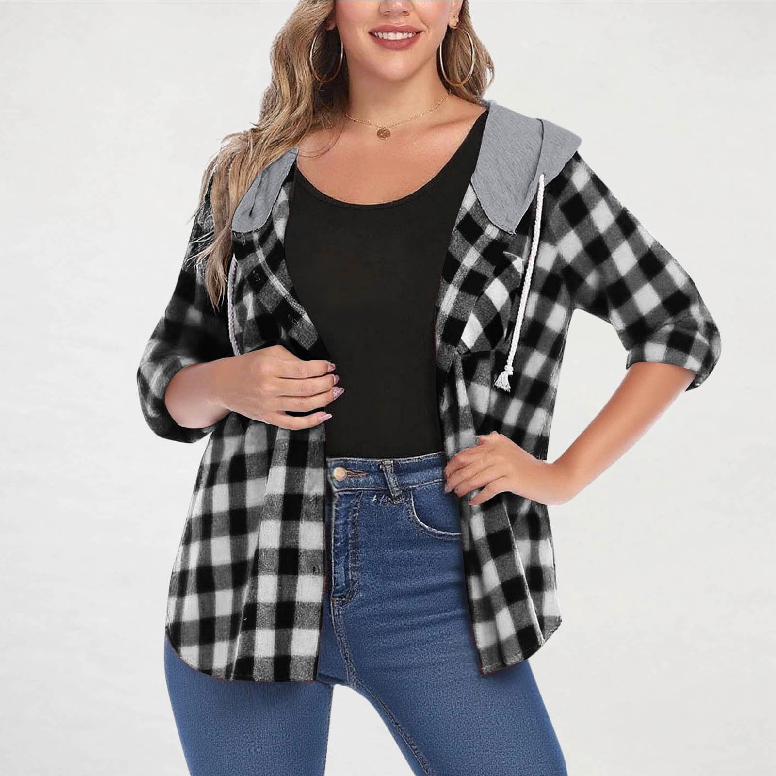 FDGIU Women's Plaid Flannel Shacket - Plus Size Fleece Lined Hooded ...
