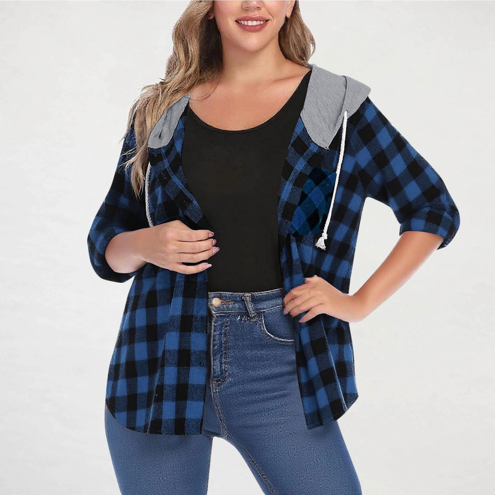 FDGIU Women's Plaid Flannel Shacket - Plus Size Fleece Lined Hooded ...