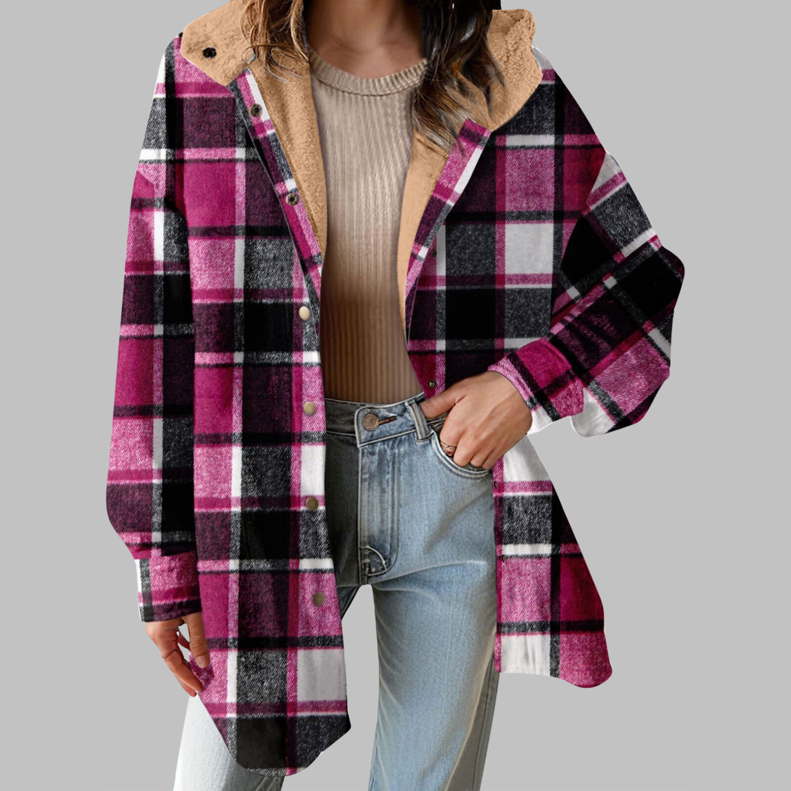 FDGIU Women's Plaid Flannel Shacket - Plus Size Fleece Lined Hooded ...