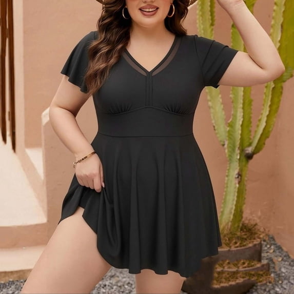 FDGIU Women's Plus Size 2 Piece Swim Dress Swimsuit, V Neck Mesh Trim ...