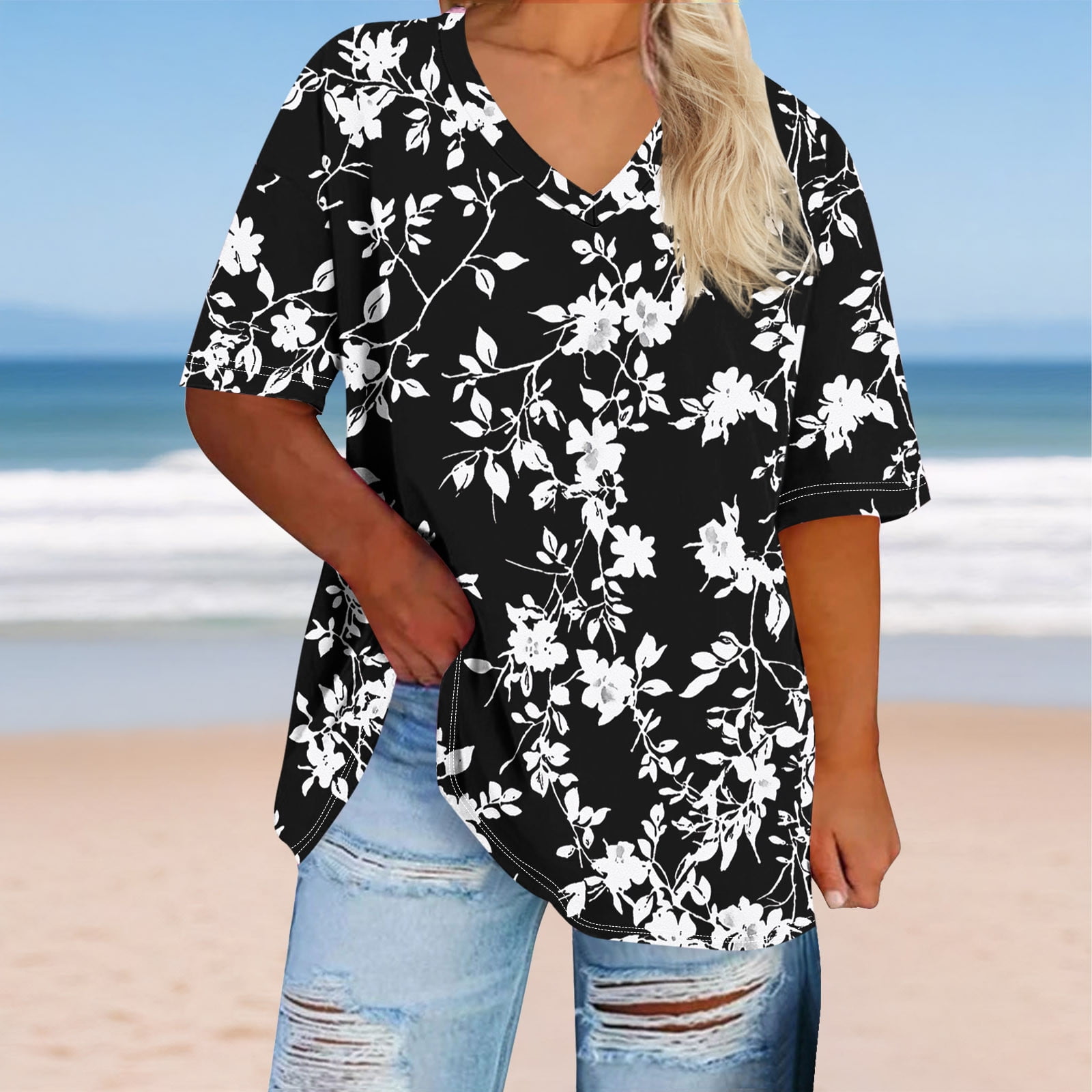 FDGIU Women's Plus Size Summer Tunic Tops 2025 - Soft V-Neck Short ...