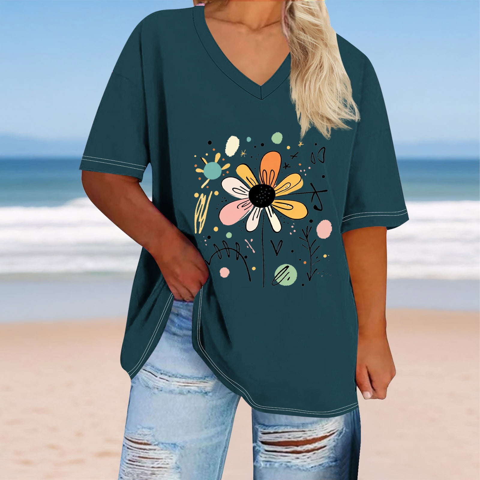 FDGIU Women's Plus Size Summer Tunic Tops 2025 - Soft V-Neck Short ...