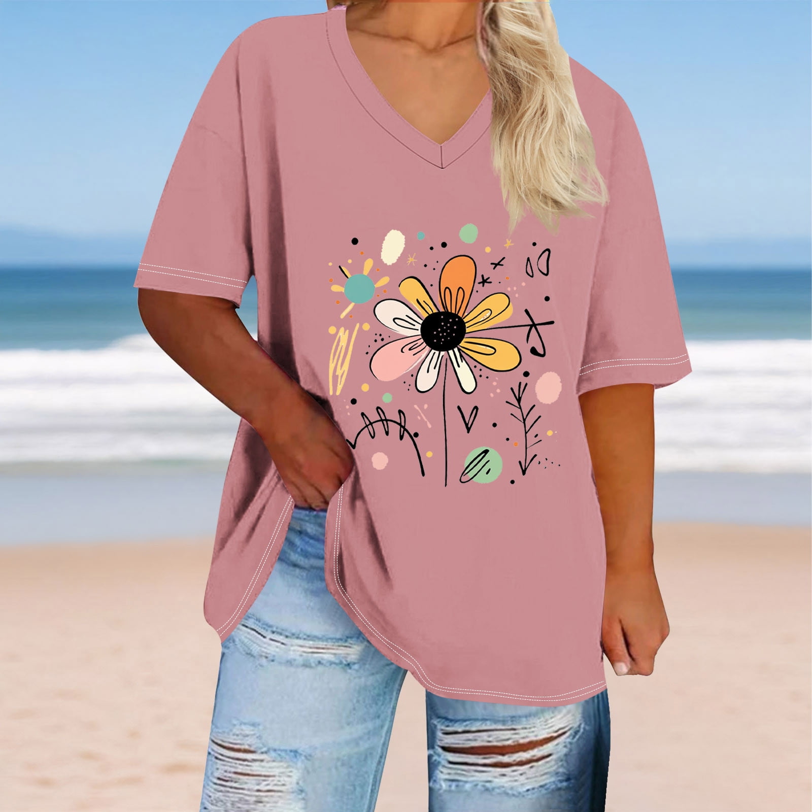 FDGIU Women's Plus Size Summer Tunic Tops 2025 - Soft V-Neck Short ...