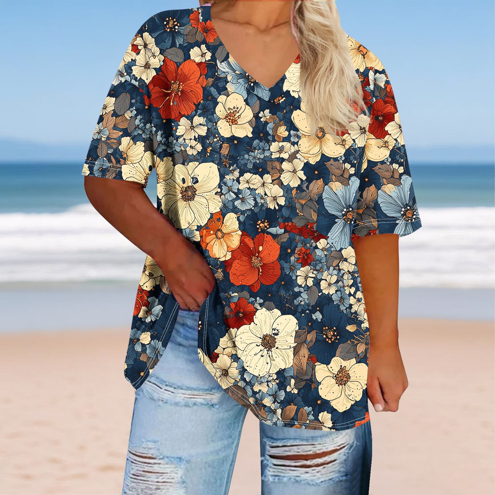 FDGIU Women's Plus Size Summer Tunic Tops 2025 - Soft V-Neck Short ...