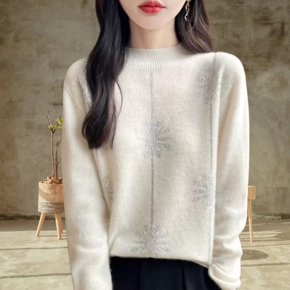 FDGIU ‌Women's Round Neck Sweater Solid Color - Base Wool Blend Long ...