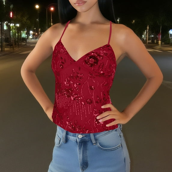 FDGIU Women's V Neck Sequin Tank Top Sparkly Sleeveless Spaghetti Strap ...