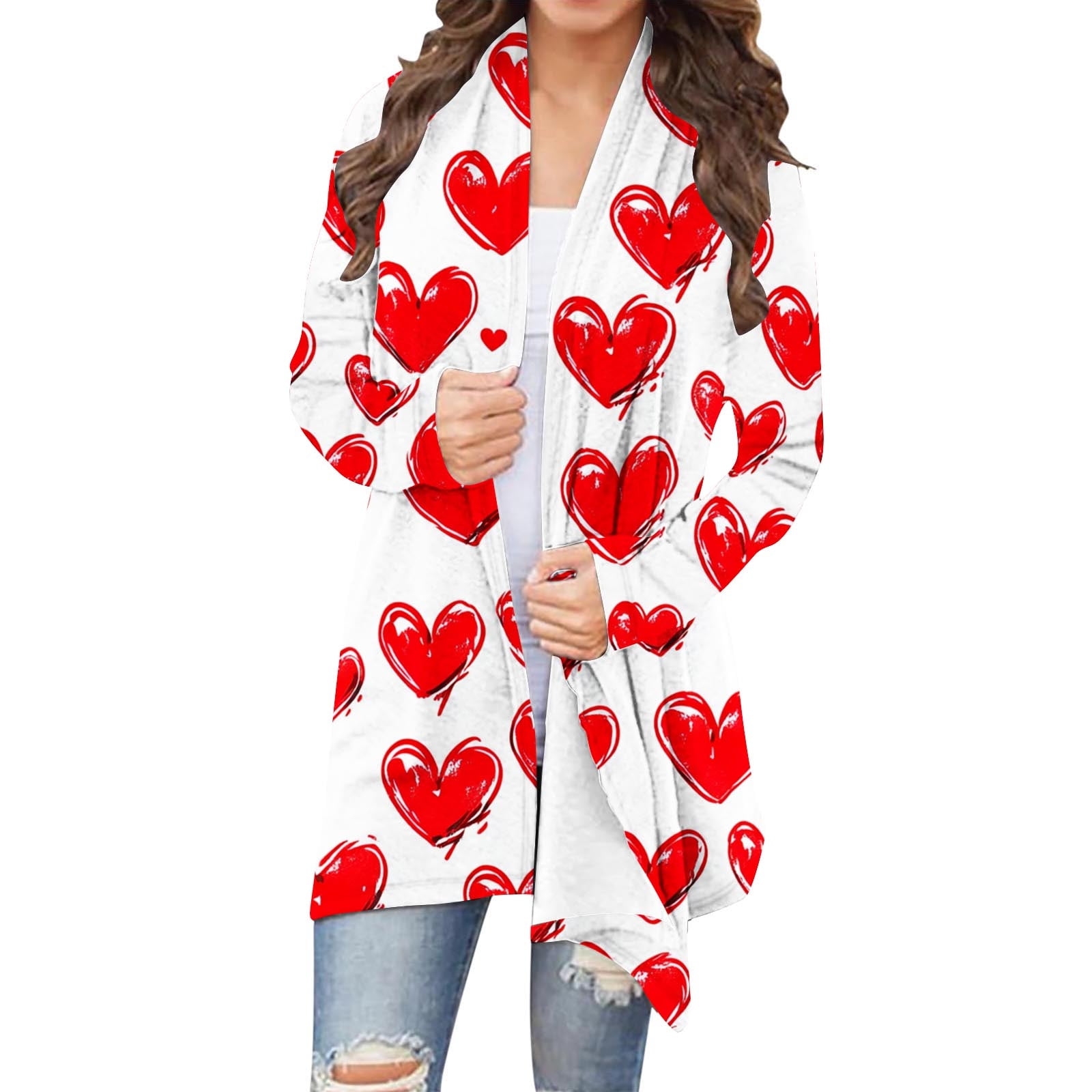 FDGIU ‌‌‌‌Women's Valentine Cardigan - Cute Heart Print Open Front Long ...