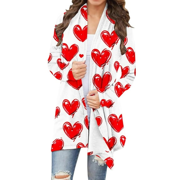 FDGIU ‌‌‌‌Women's Valentine Cardigan - Cute Heart Print Open Front Long ...