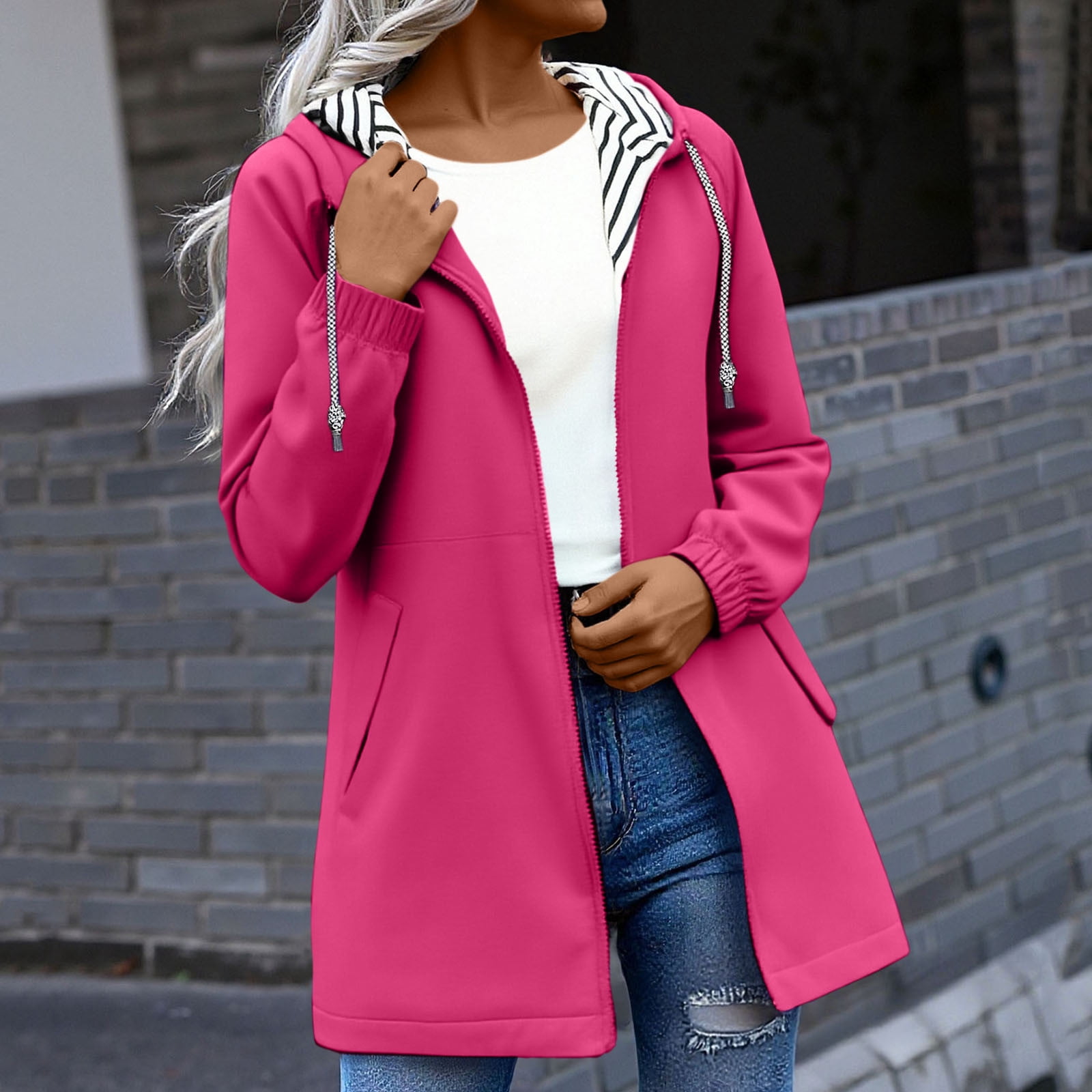 ‌FDGIU Women's Waterproof Rain Jacket with Hood - Oversized Striped ...