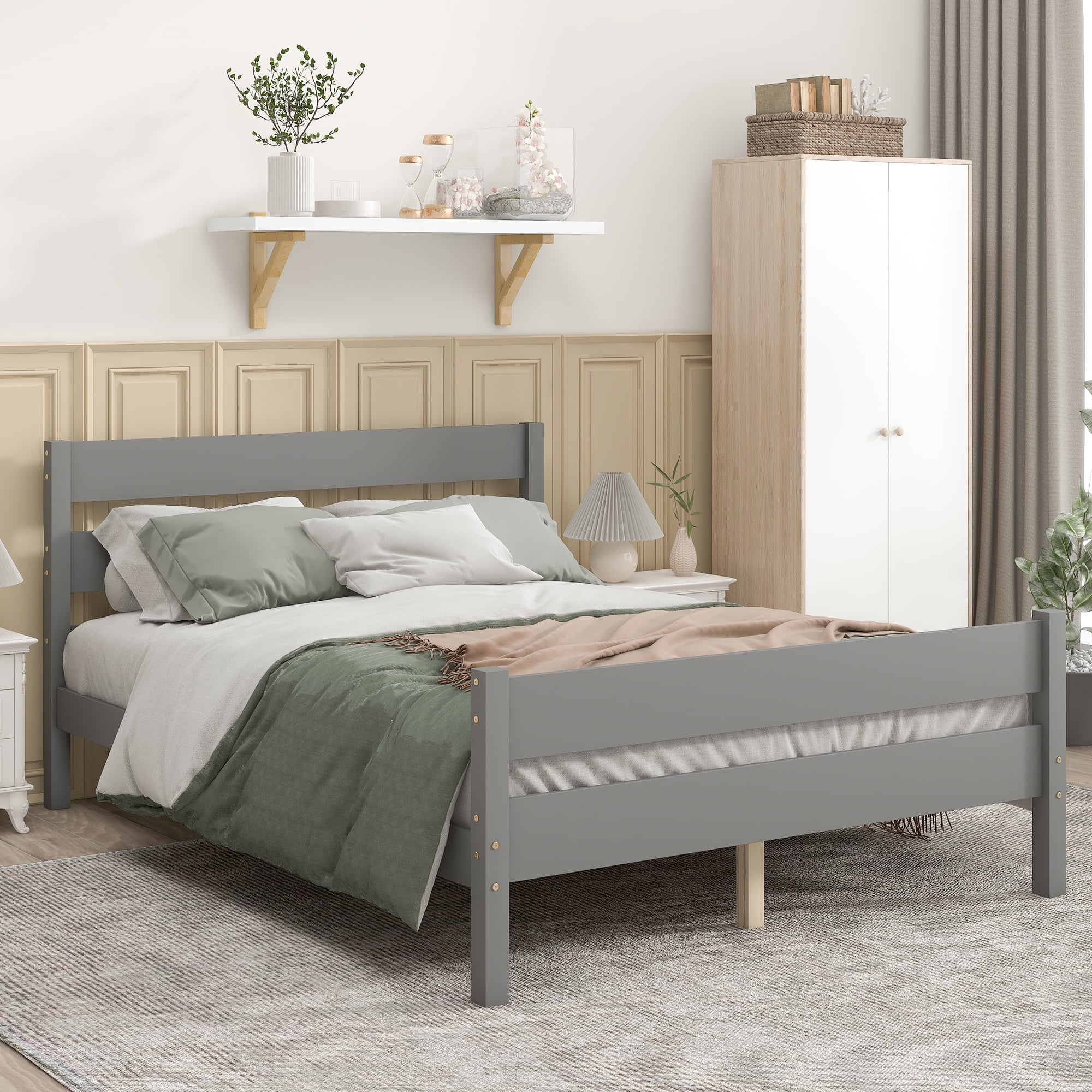 FDIDY Full Size Bed Frame with Storage, Solid Wood Platform Bed with ...