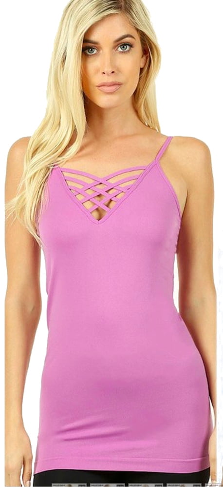 FDPlus Women's Criss Cross Caged Thin Strap Long Tank Top Cami Shirt ...