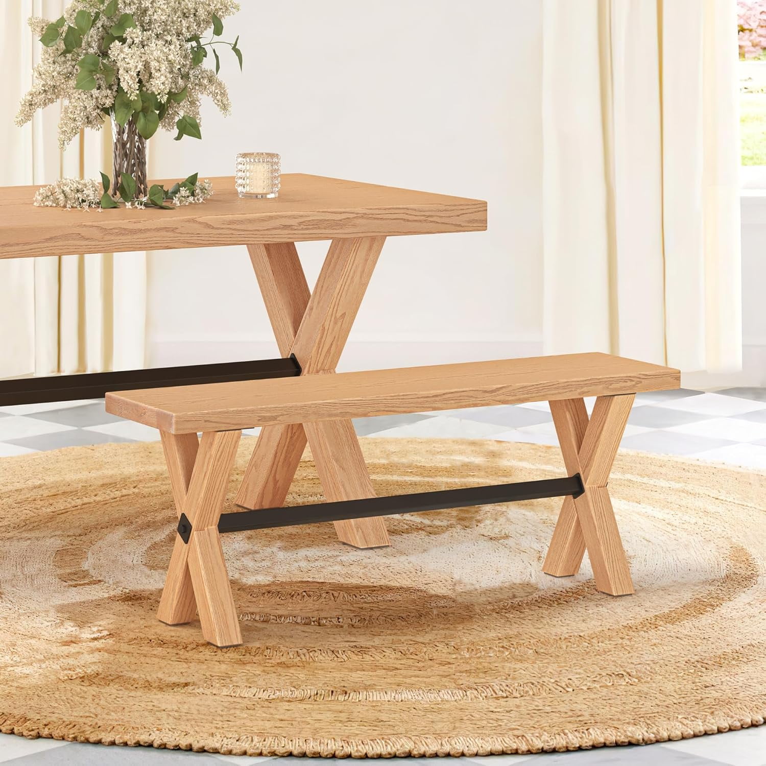 FDSHOIYN 59 inch Dining Bench with Solid Wood Farmhouse Kitchen Bench ...