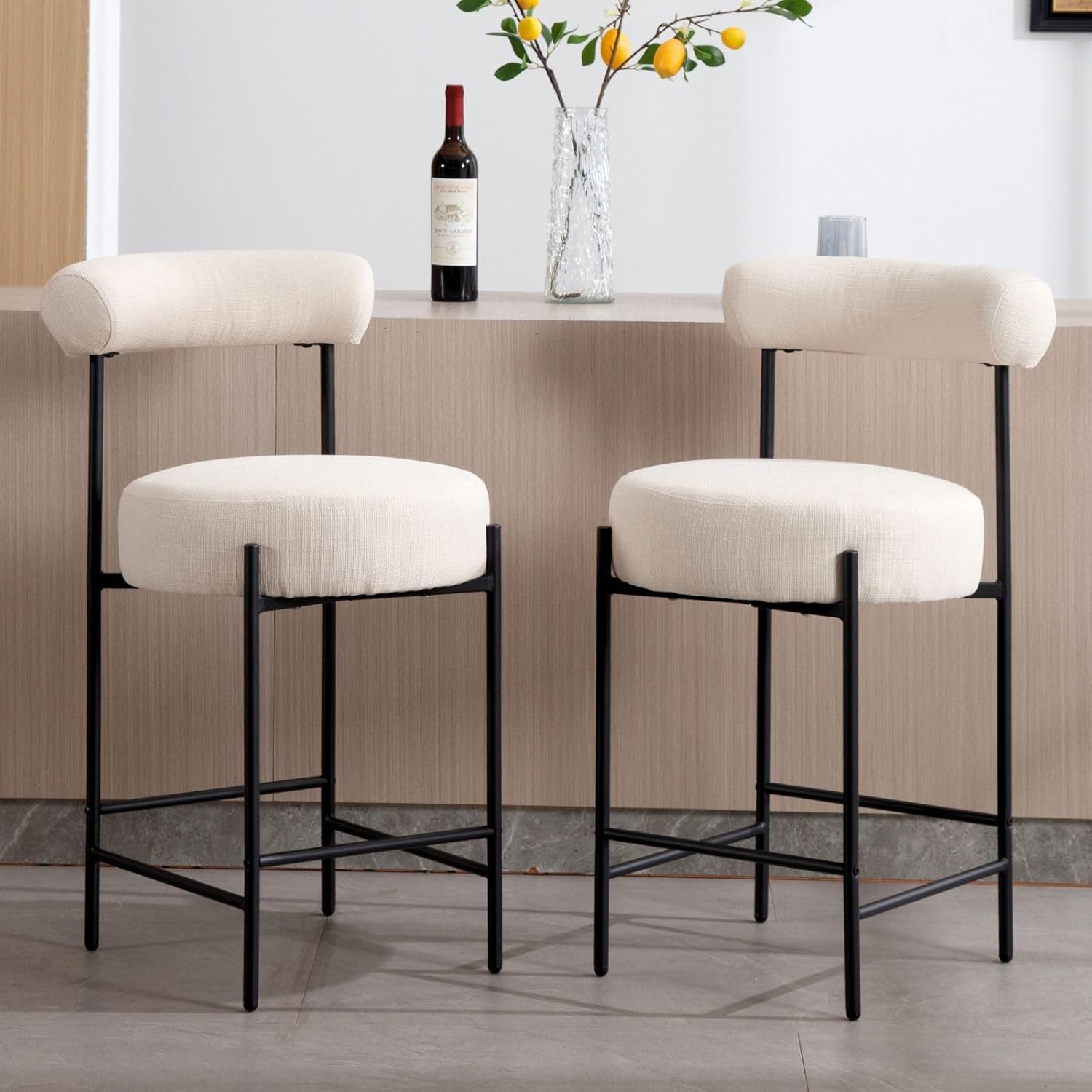 FDSHOIYN Black Modern Bar Stools Set of 2 Faux Leather Counter Height ...