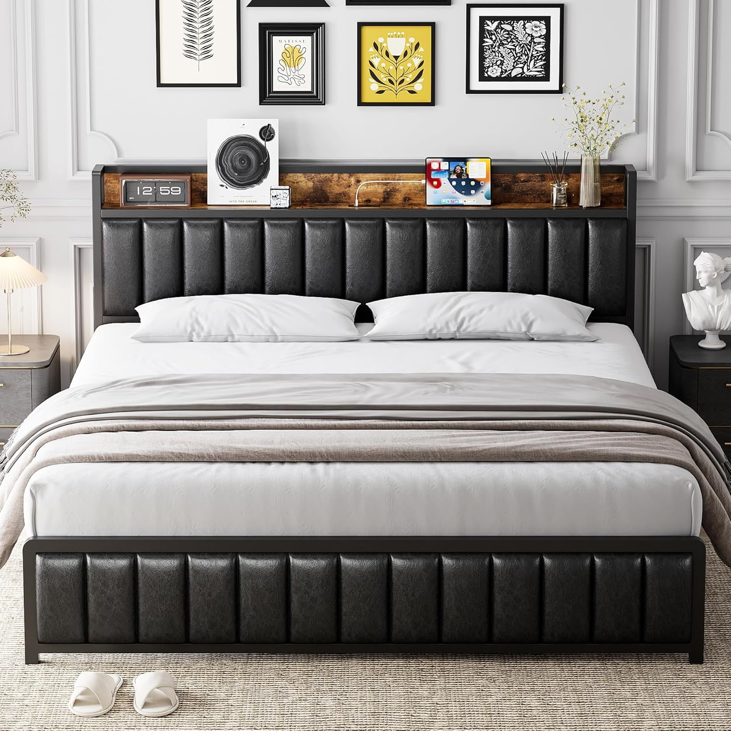 FDSHOIYN Full Size Bed Frame with Shelf Headboard and Charging Station ...