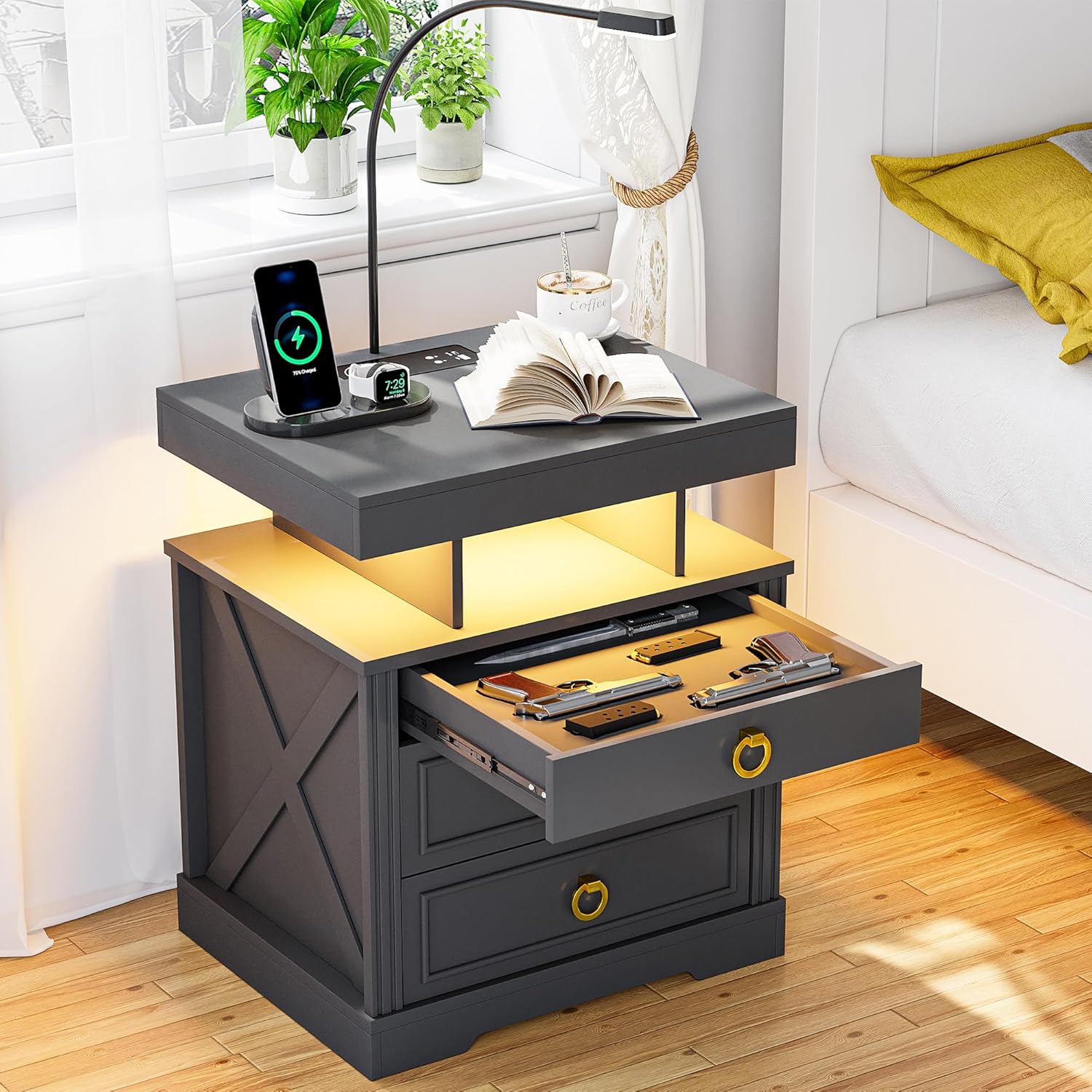 FDSHOIYN HENBC Nightstand with Gun Drawers LED Night Stand with ...
