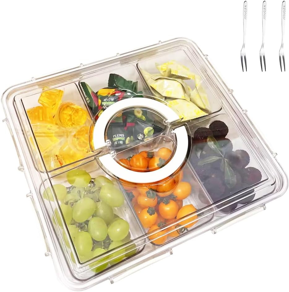 FDTBYHVYT 2Pack Veggie Tray with Lid for Fridge Snackle Container for Party 4 Compartment ...