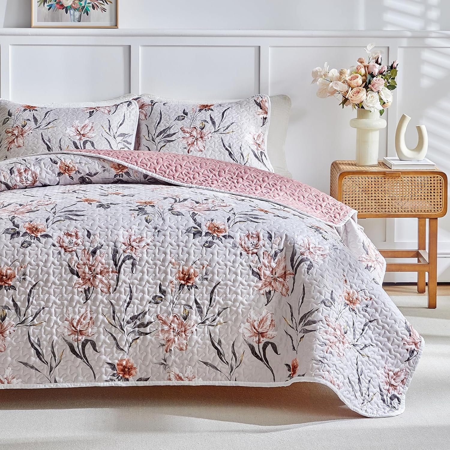 FDTBYHVYT Floral Quilt Set 3 Pieces Queen Size Green with Lily of The ...