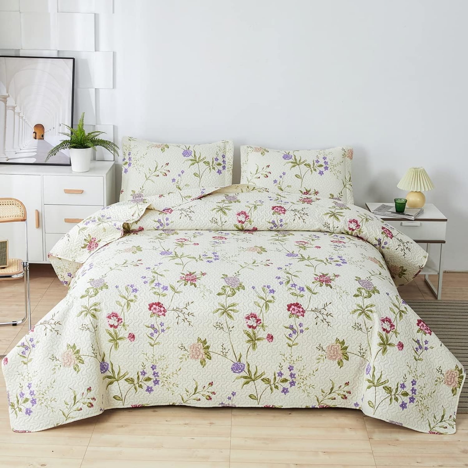 FDTBYHVYT King Size Floral Quilt Set for Bed Lightweight Green Yellow ...