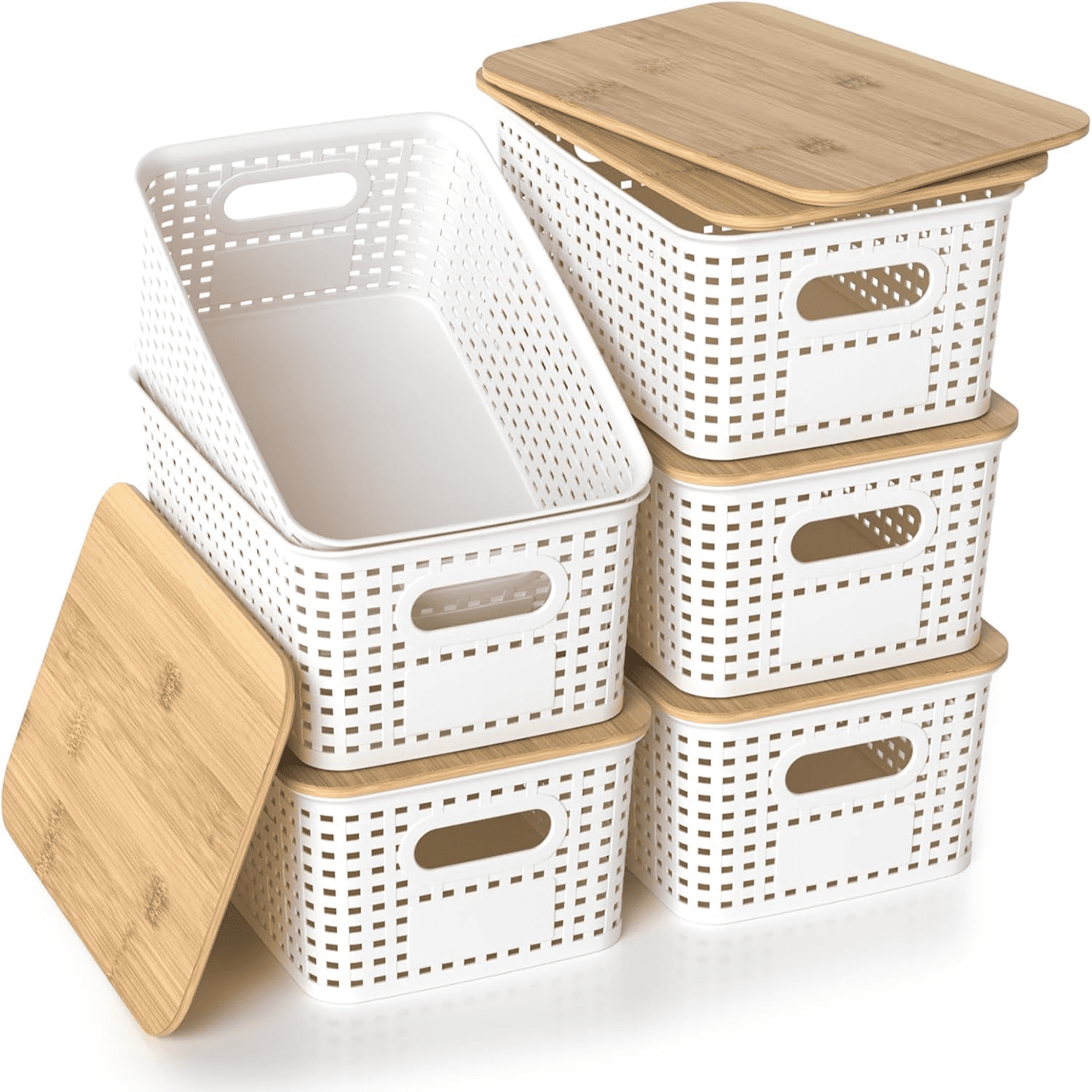 FDTBYHVYT Plastic Storage Baskets with Bamboo Lids Stackable Storage ...