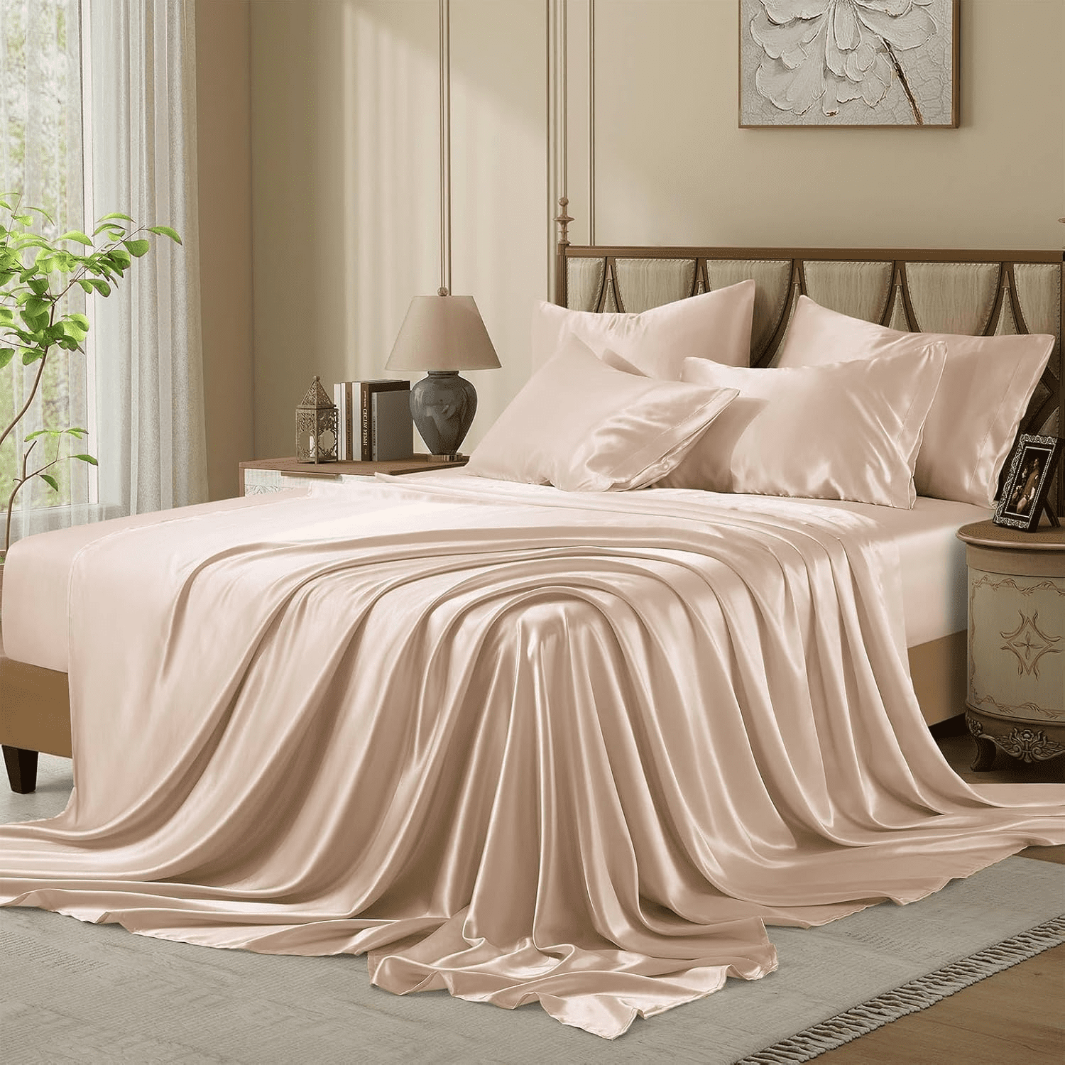 FDTBYHVYT Silk Like Satin Bed Sheets 6-Piece Navy Blue King Size Satin ...