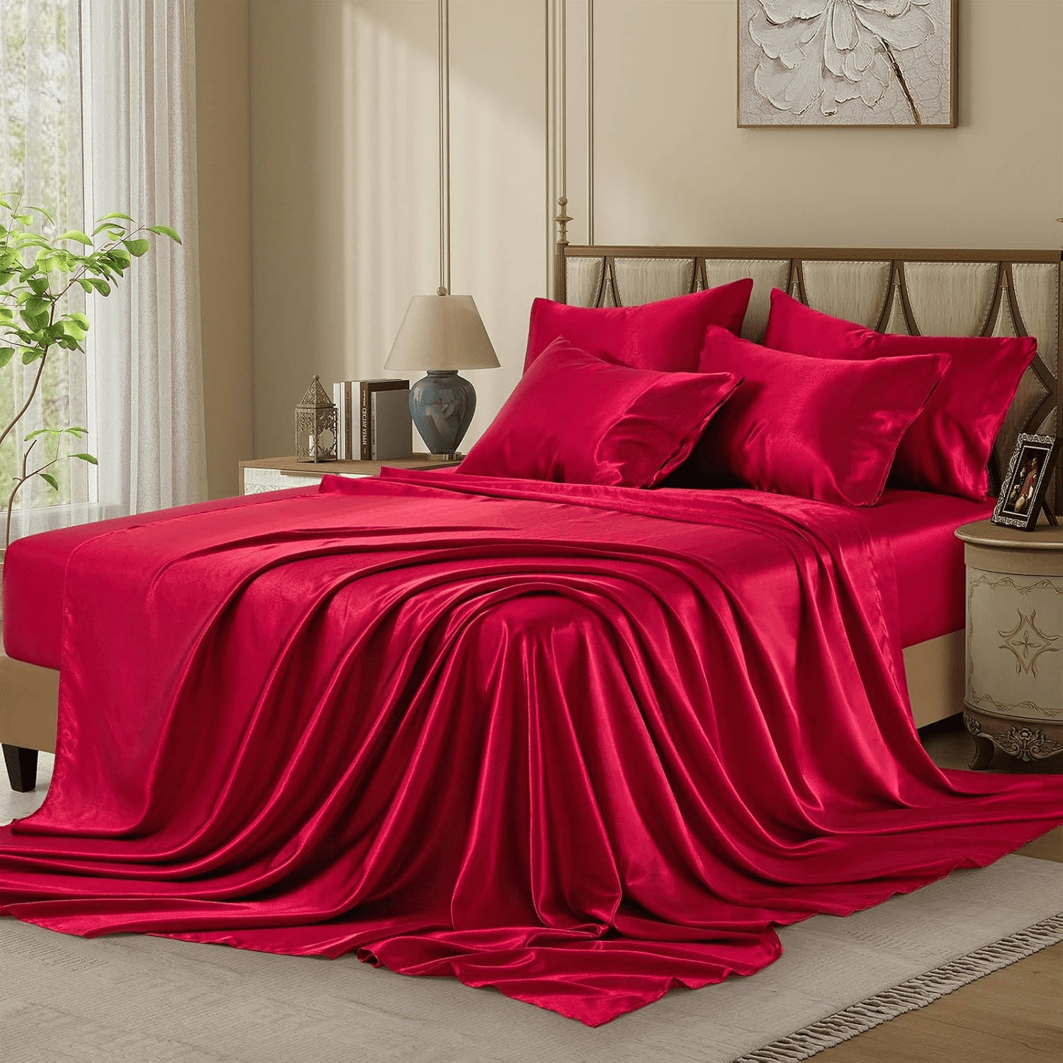 FDTBYHVYT Silk Like Satin Bed Sheets 6-Piece Navy Blue King Size Satin ...