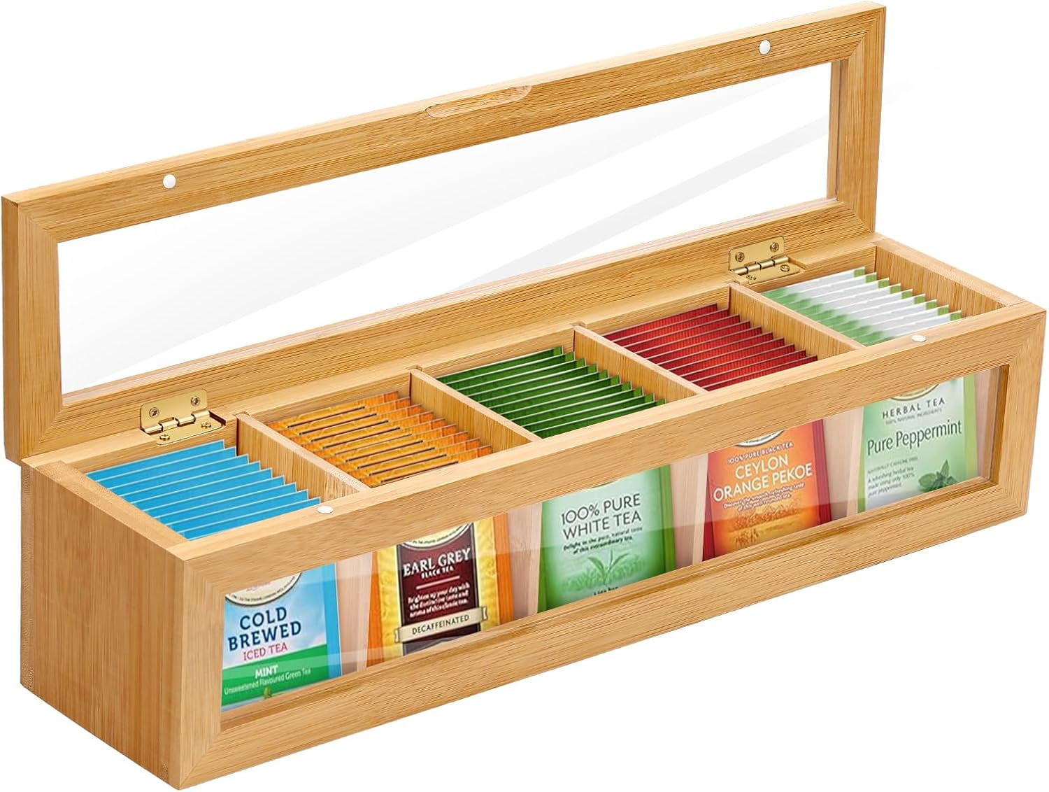 FDTBYHVYT Wooden Tea Bag Organizer Bamboo Tea with 5 Compartments ...