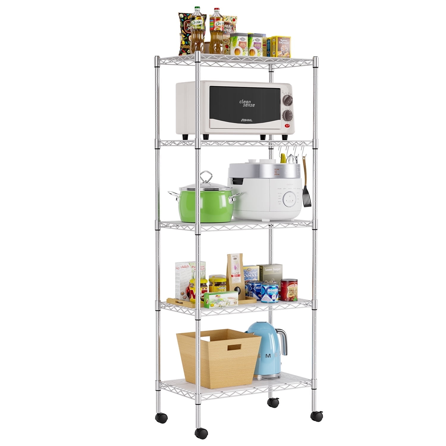 FDW 5-Tier Metal Wire Shelving Unit, Adjustable Storage Rack with Hooks ...