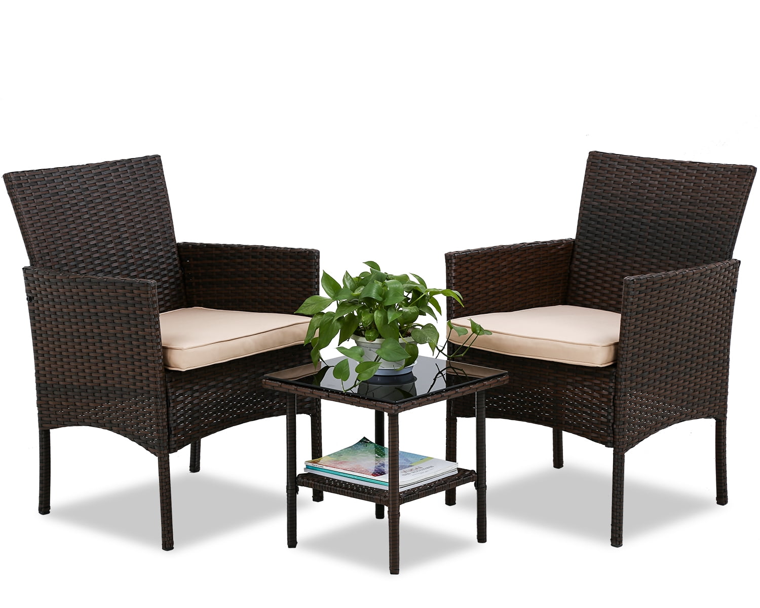 FDW Three Piece Outdoor Patio Set, Wicker Chairs with Cushions and ...