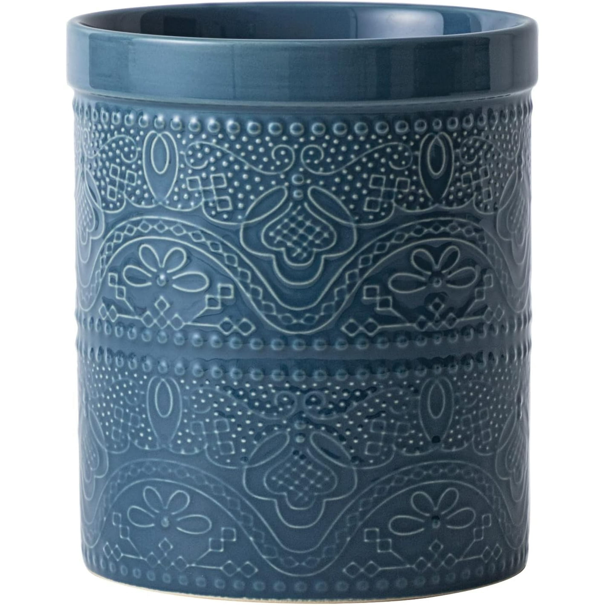FE FUN ELEMENTS 7.2" Grayish Blue Lace Embossed Ceramic Utensil Holder ...