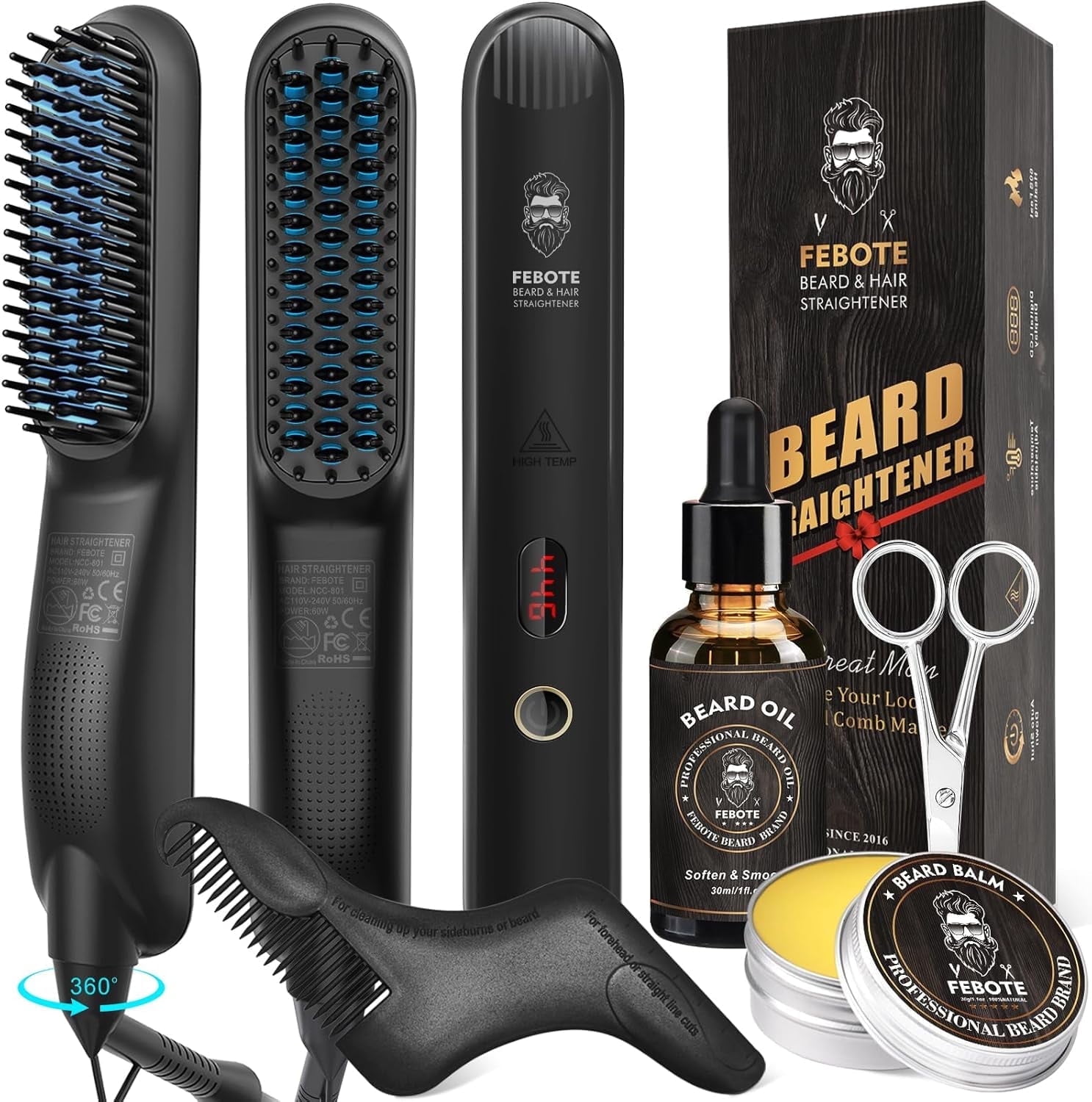 FEBOTE Beard Straightener for Men, 5 Temp Heated Beard Comb W/Beard Oil ...