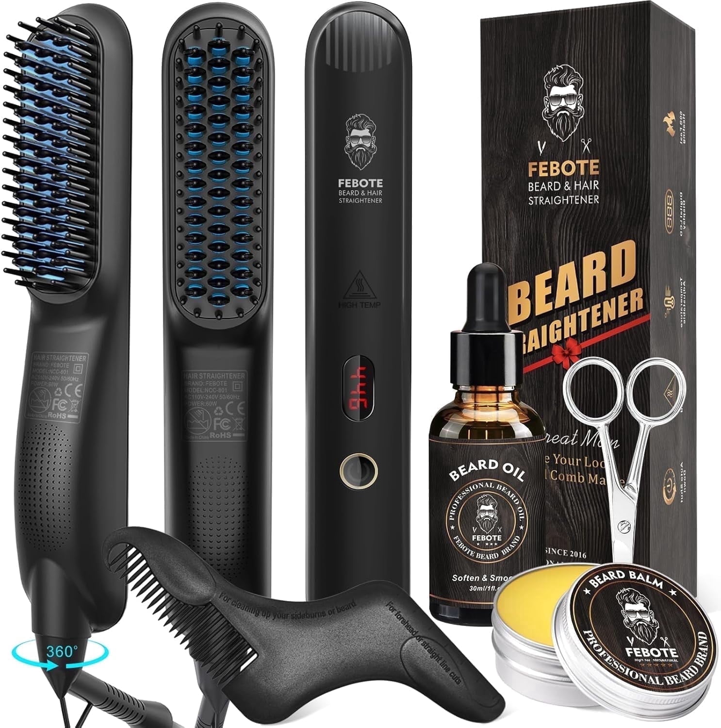 FEBOTE Beard Straightener Kit for Men – Fast Heating Heated Beard Brush ...