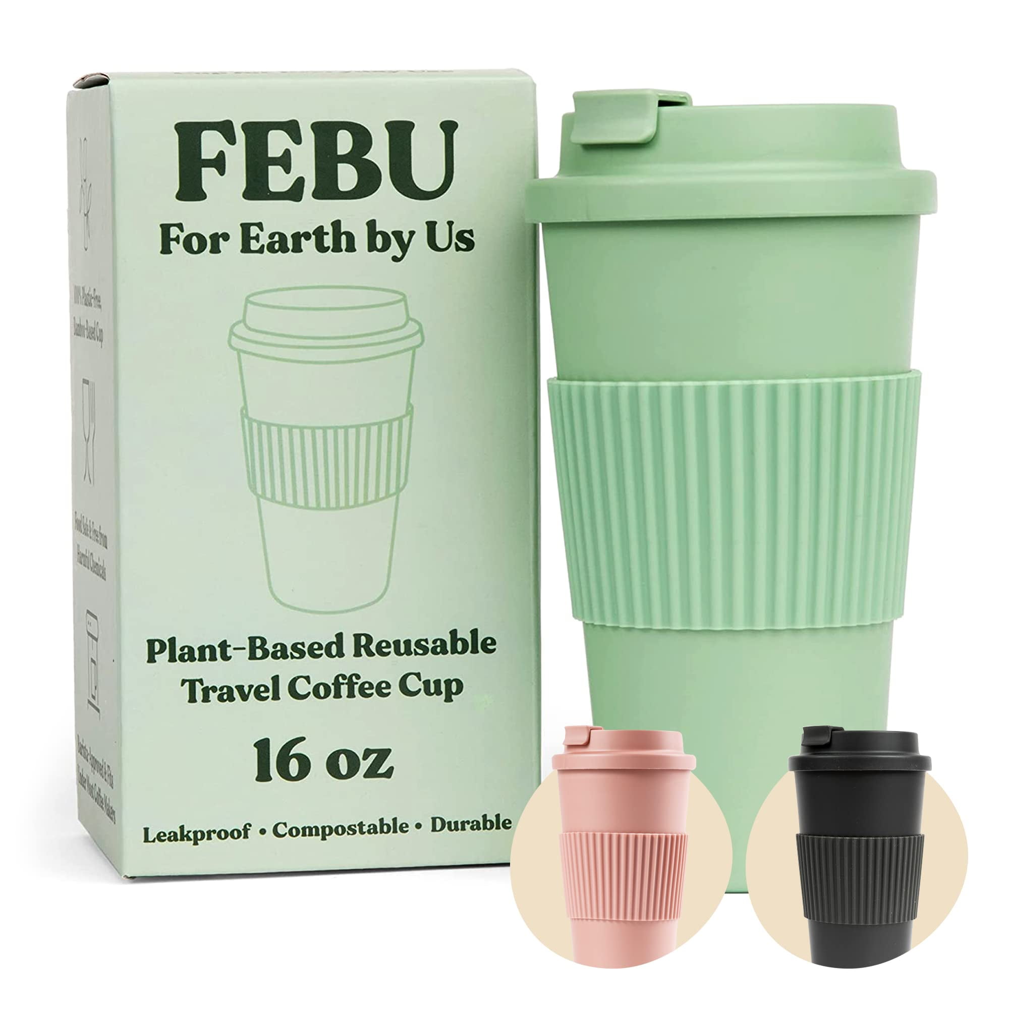 FEBU Plant-Based Reusable Coffee Cup with Lid and Sleeve | 16oz, Sage ...
