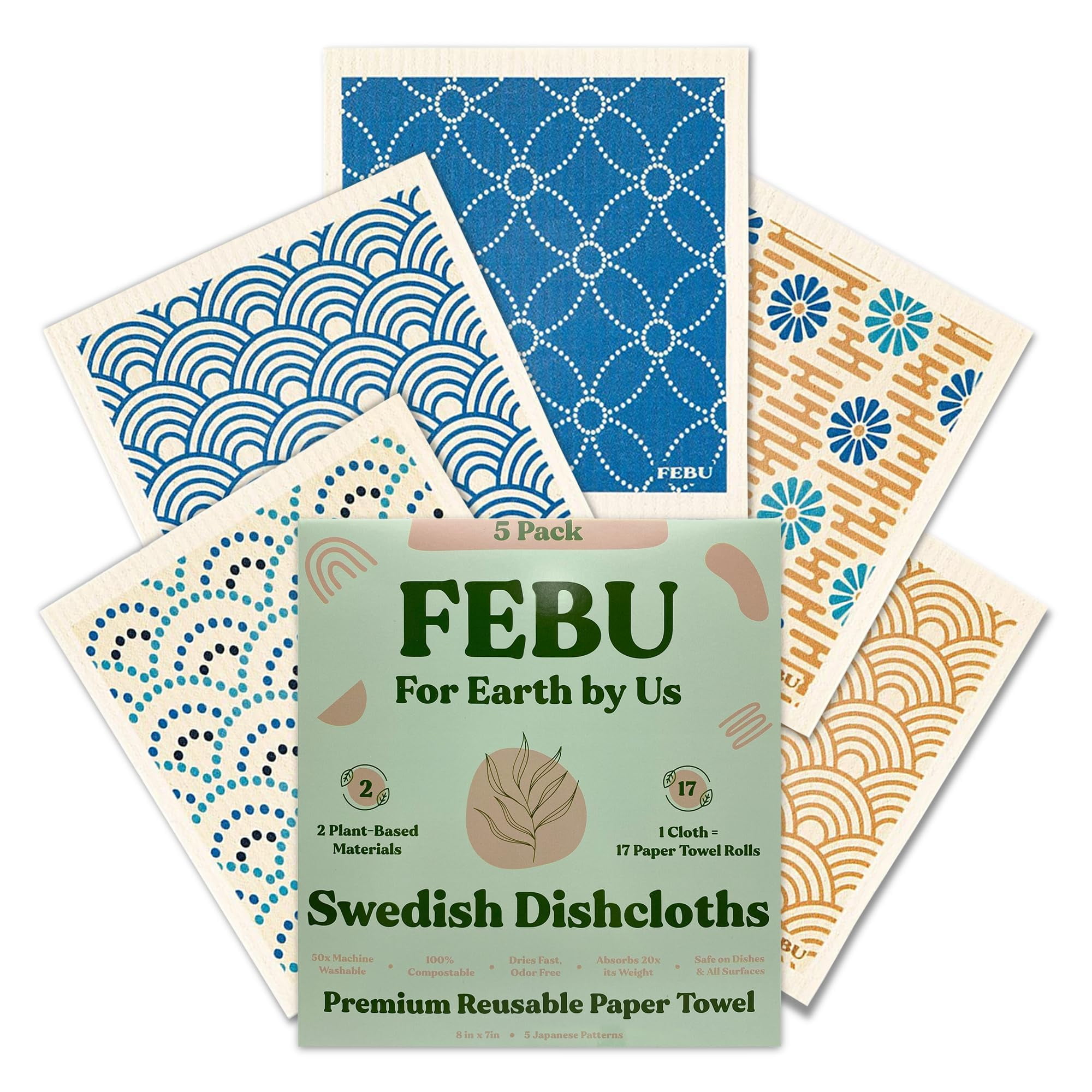 FEBU Reusable Paper Towels Washable | 5 Pack Japanese Pattern Swedish Dish Towels | Swedish ...