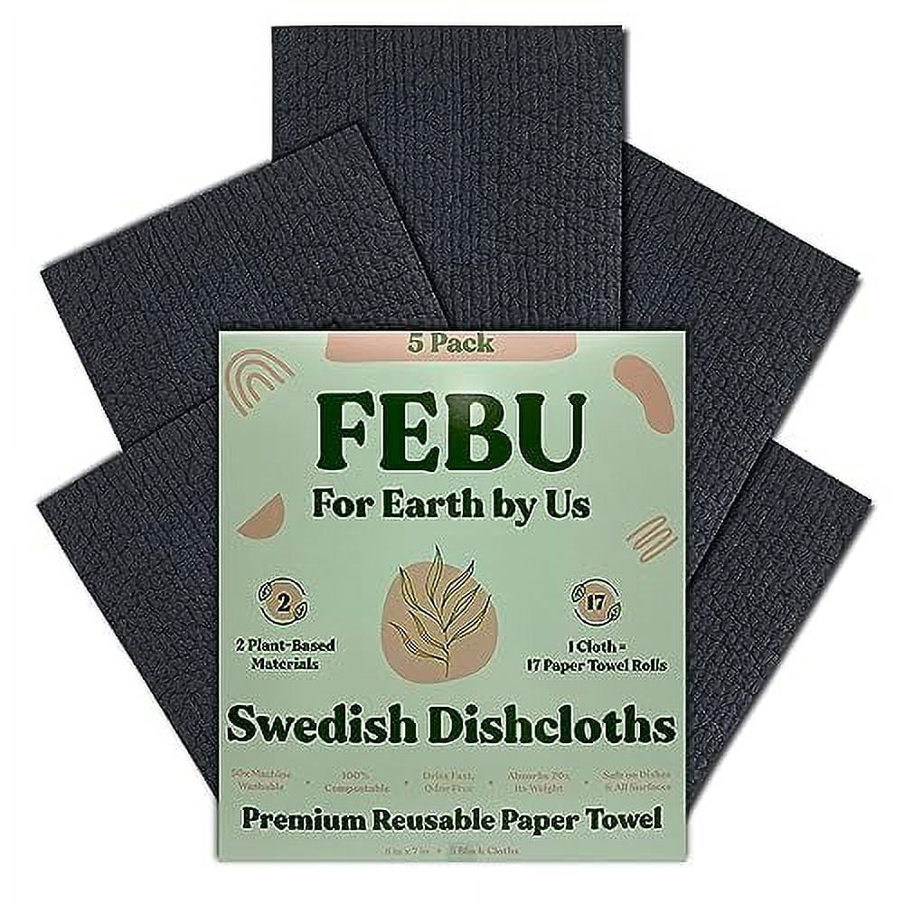 FEBU Swedish Dishcloths for Kitchen | 5 Pack Black Swedish Dish Towels | Reusable Paper Towels ...