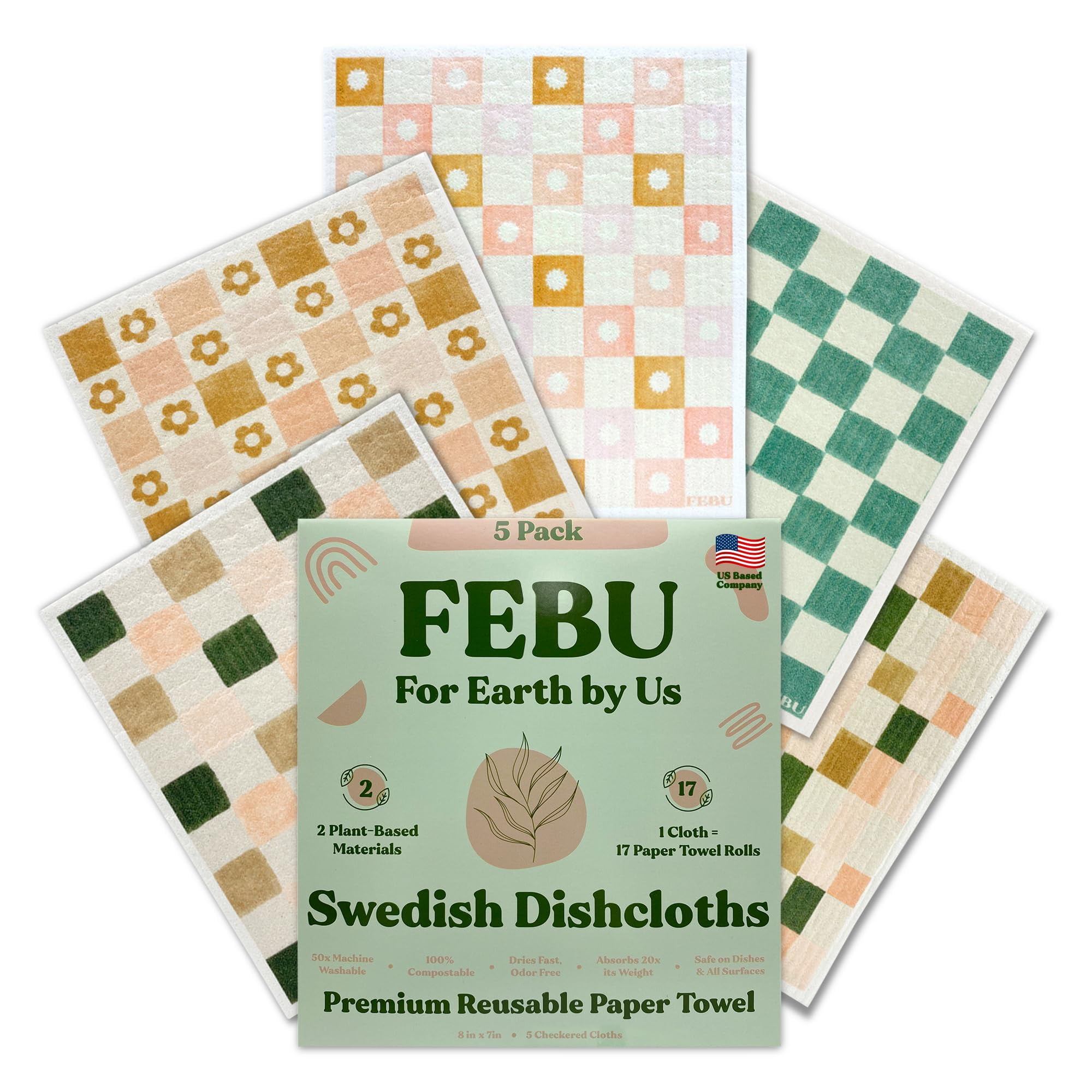 FEBU Swedish Dishcloths for Kitchen | 5 Pack Checkered Reusable Paper ...