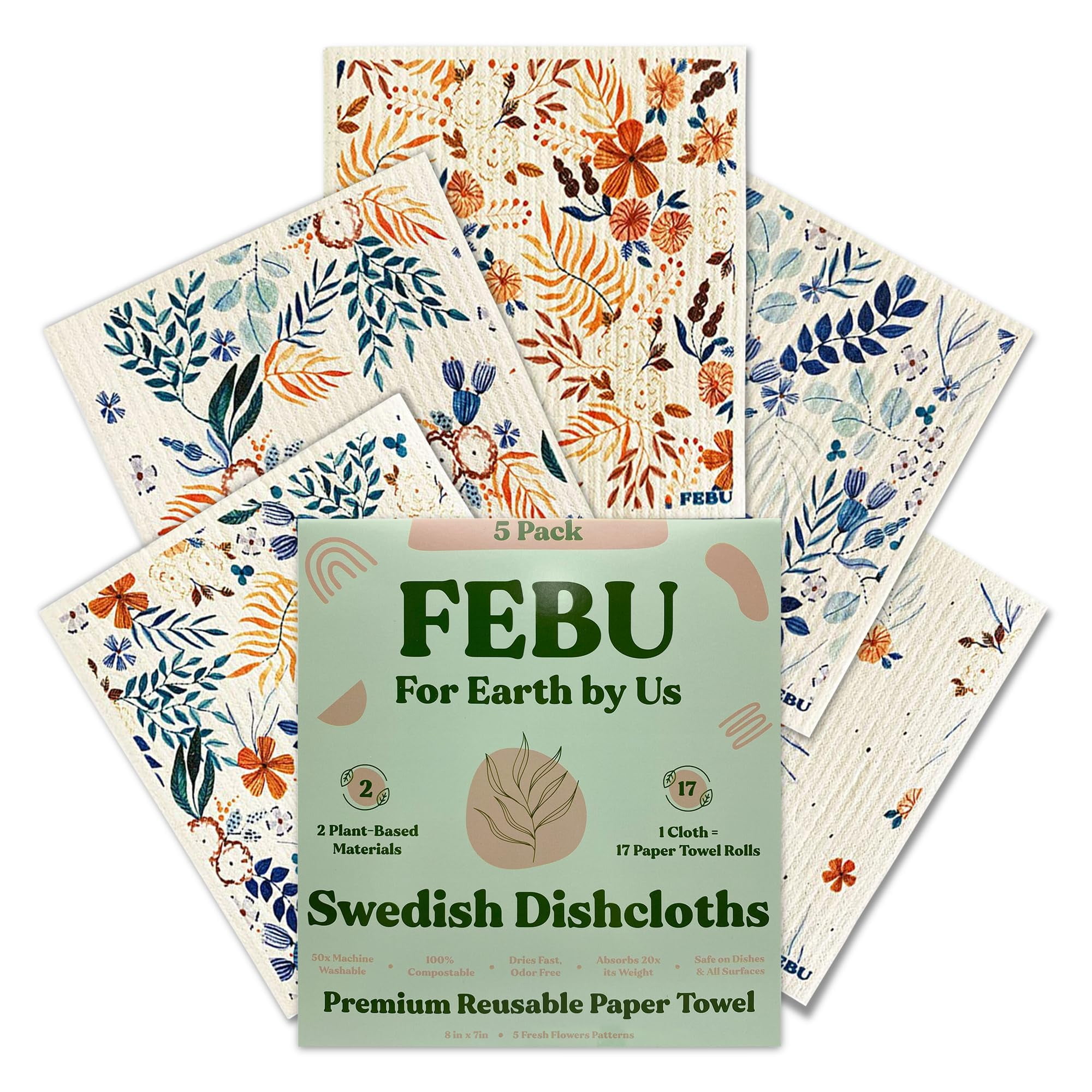 FEBU Swedish Dishcloths for Kitchen | 5 Pack Fresh Flowers Swedish Dish ...