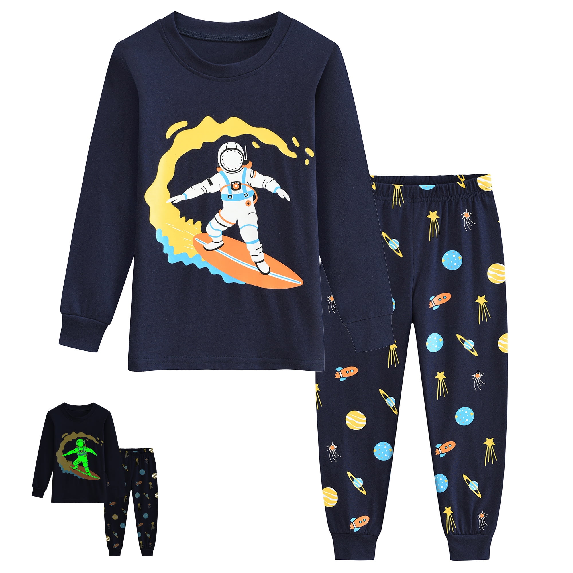 FEDPOP Boys Space Pajamas Glow in the Dark Graphic Sleepwear Kids ...