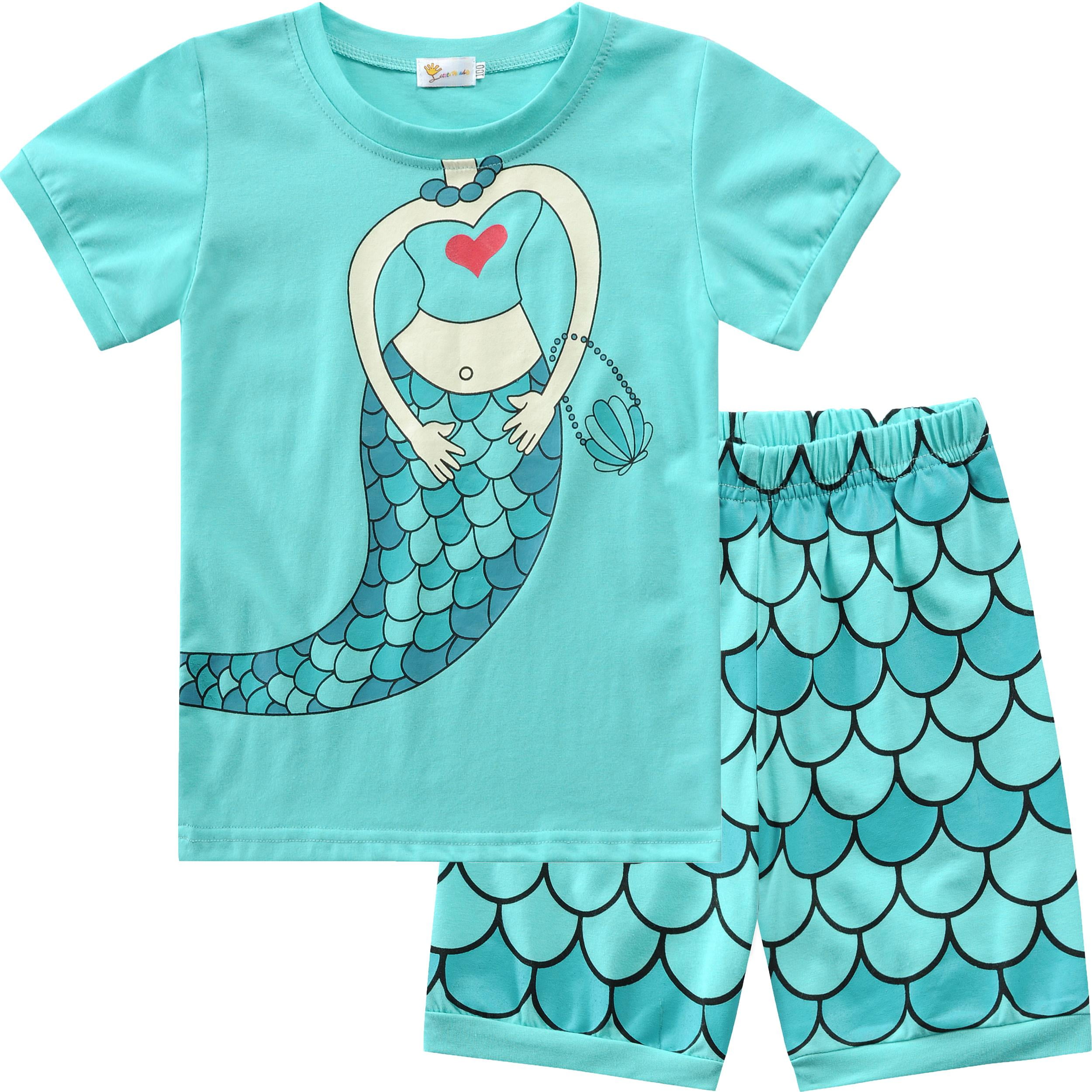 FEDPOP Toddler Girl Mermaid Pajamas Set, Short Sleeve Crewneck Cotton ...